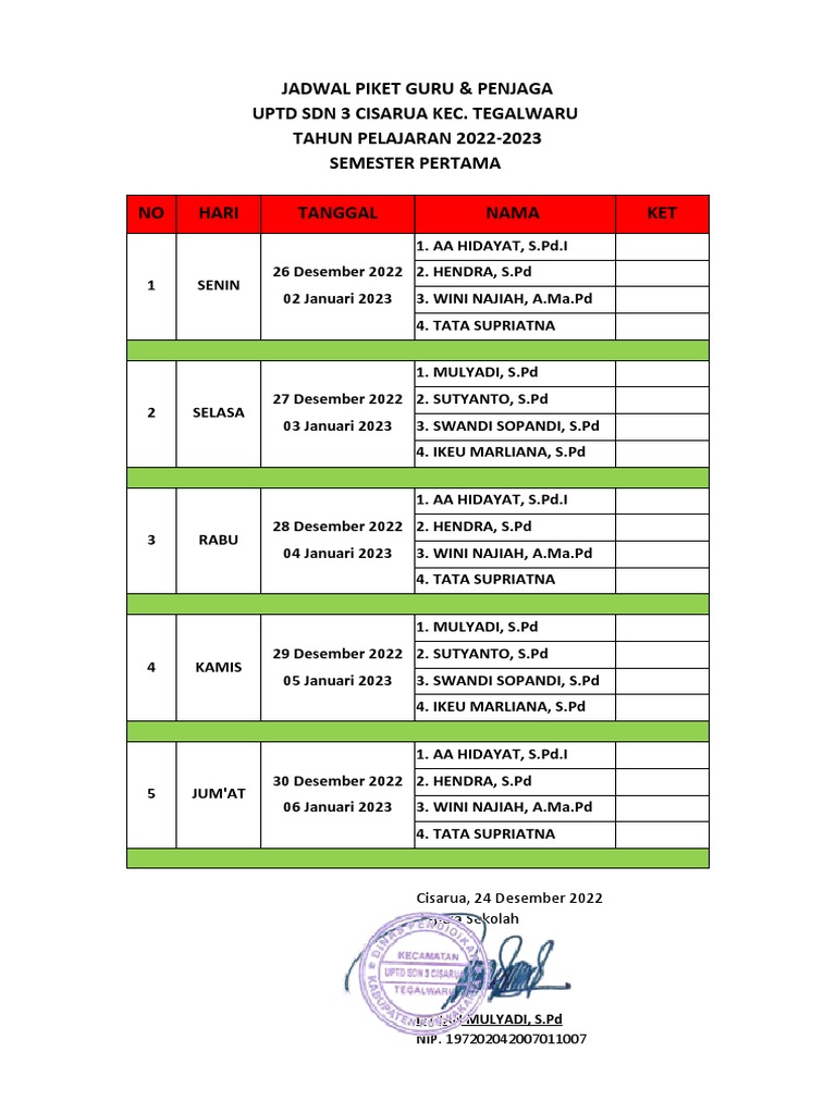Jadwal Piket Guru SD 2022-2023 | PDF
