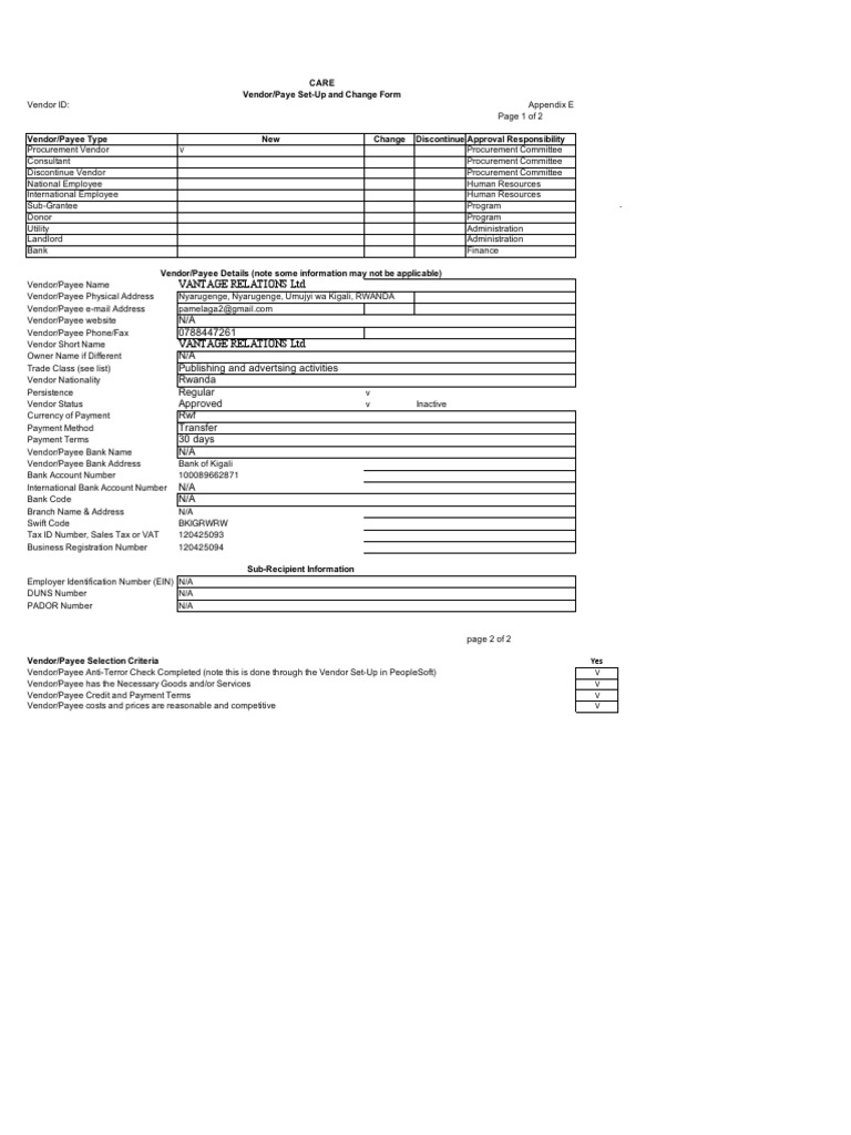 Vendor Set Up Form For VANTAGE RELATIONS LTD | PDF | Payments | Procurement