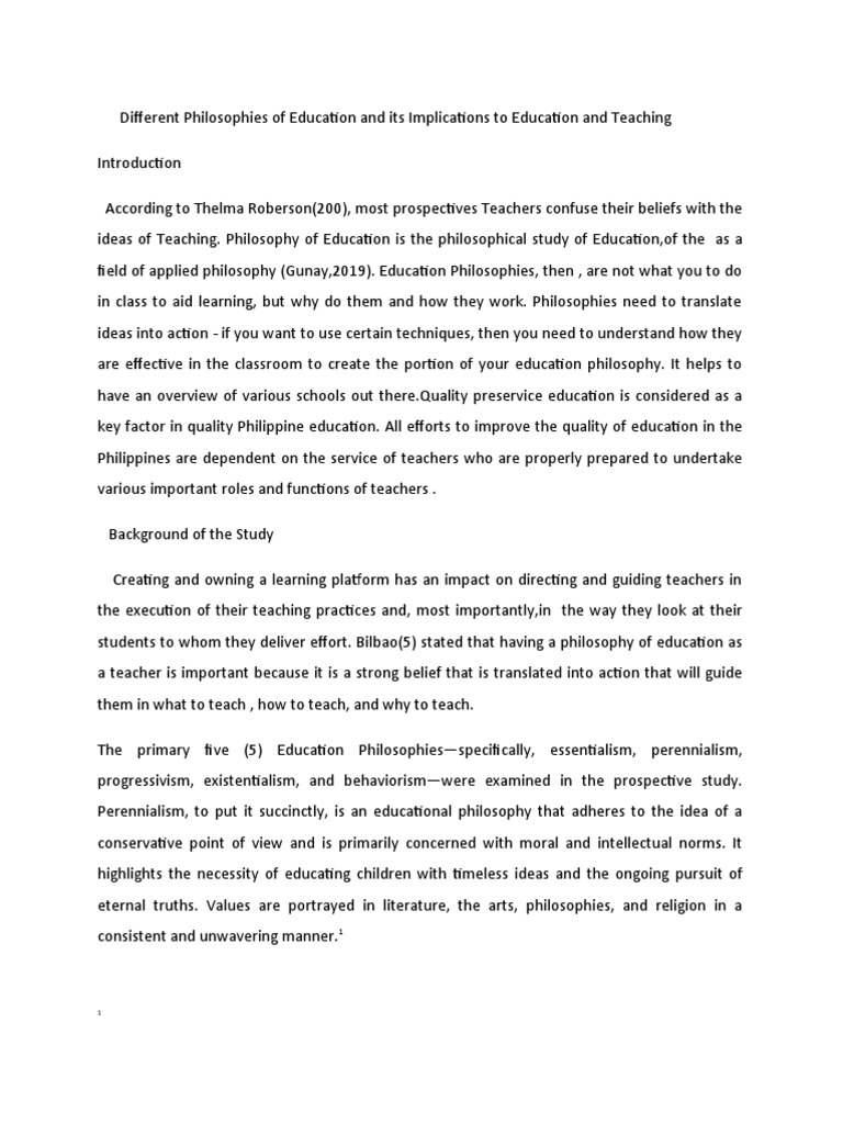 Understanding Educational Philosophies: A Study of the Perspectives and Implications of ...