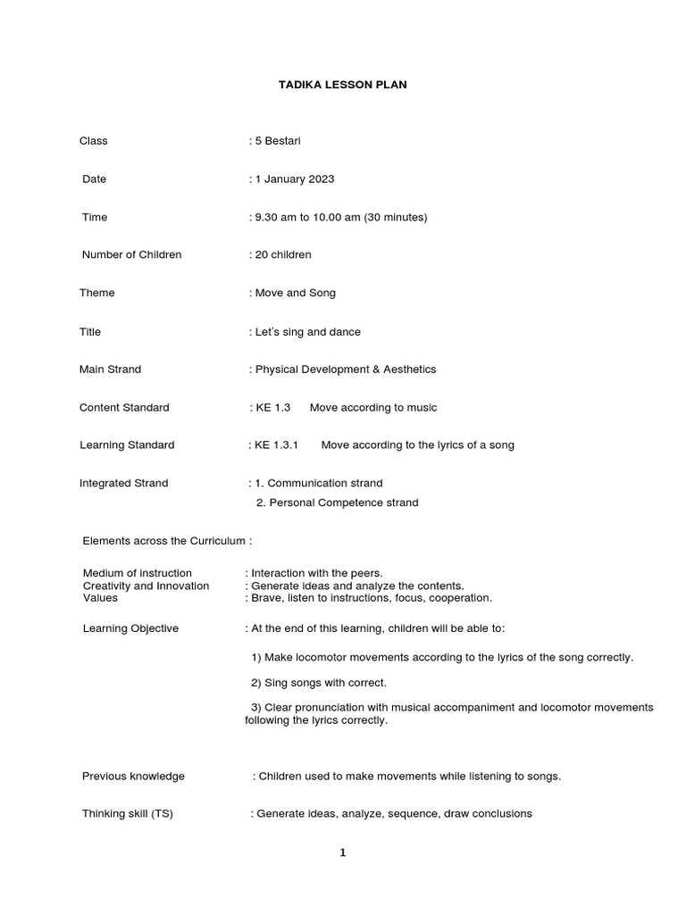 Lesson Plan Tadika (Musical) | PDF | Lesson Plan | Teachers