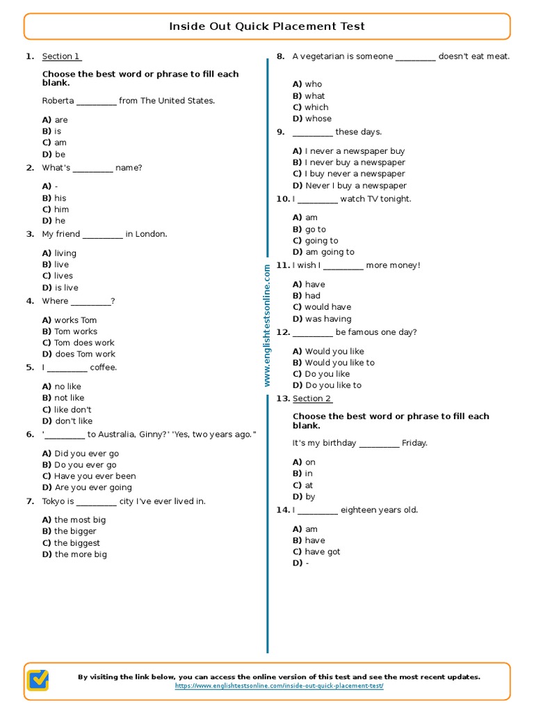 697 Inside Out Quick Placement Test | PDF