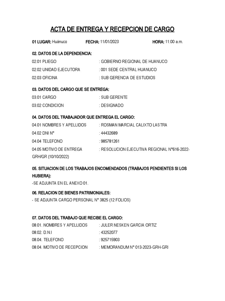 Acta de Entrega y Recepcion de Cargo | PDF