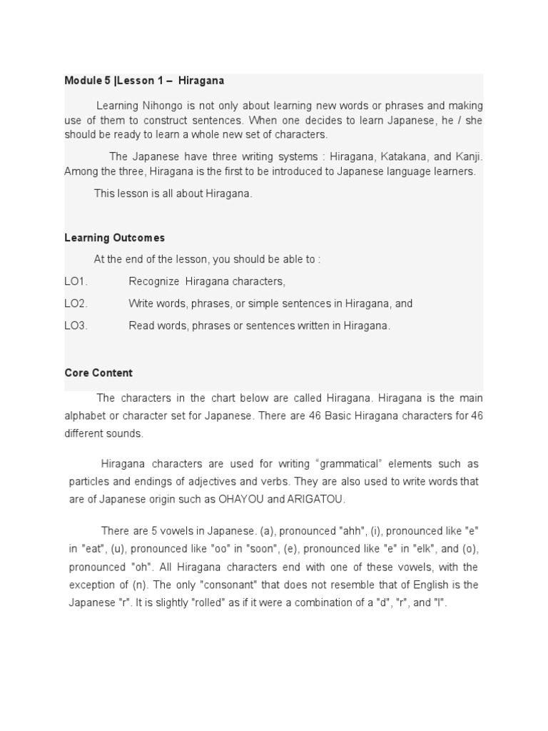 Module 5 - Lesson 1 - Hiragana | PDF | Japanese Language | Verb
