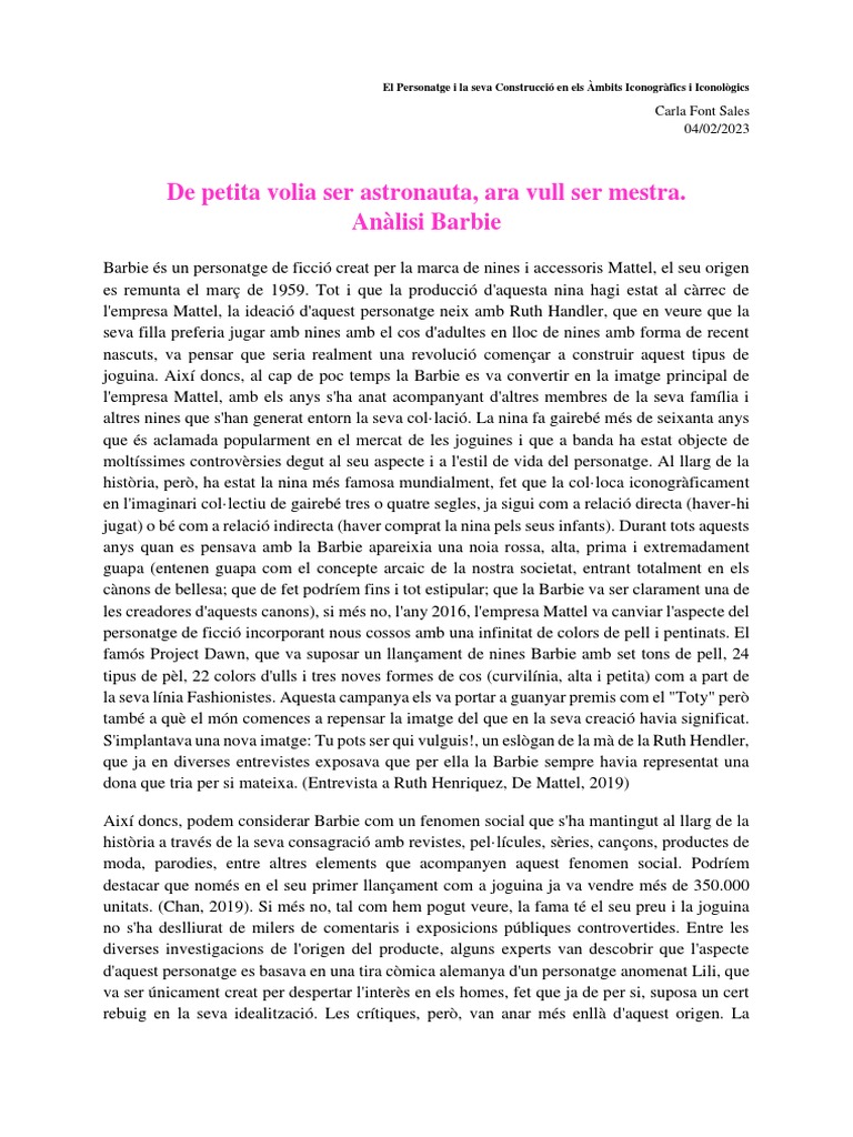 Treball Final Personatge - Barbie - Carlafont | PDF