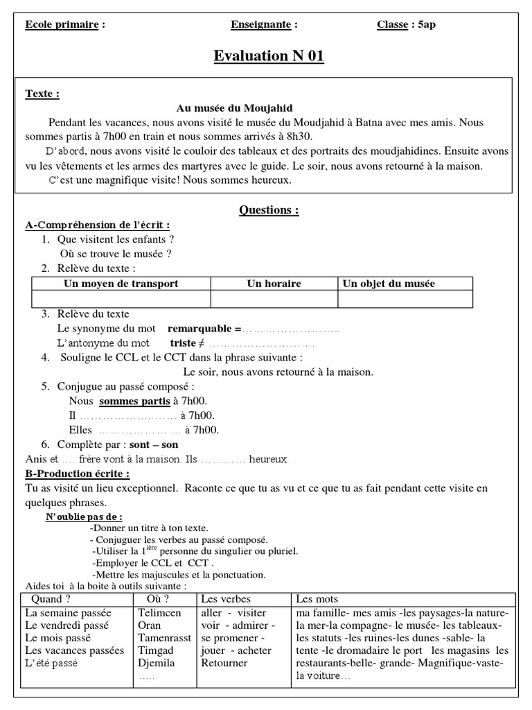 Évaluation 5AP : Visite au musée | PDF
