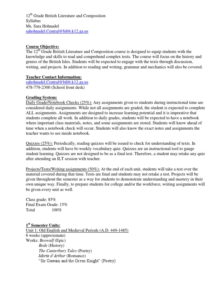 12th Grade British Literature Syllabus | PDF | Poetry | Romanticism