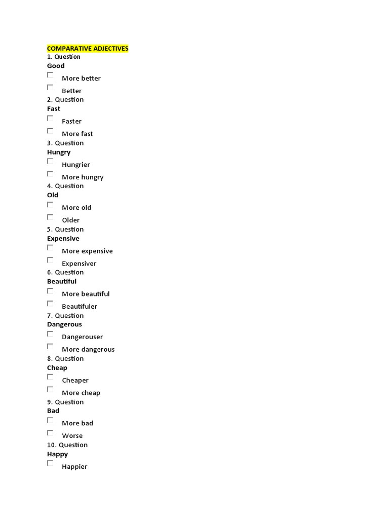 Comparative + Superlative Adjective Test | PDF