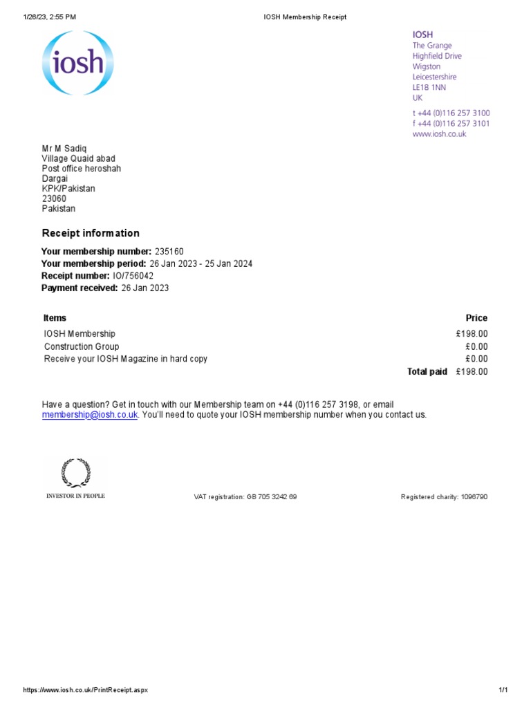 IOSH Membership Receipt | PDF IOSH Membership Receipt | PDF