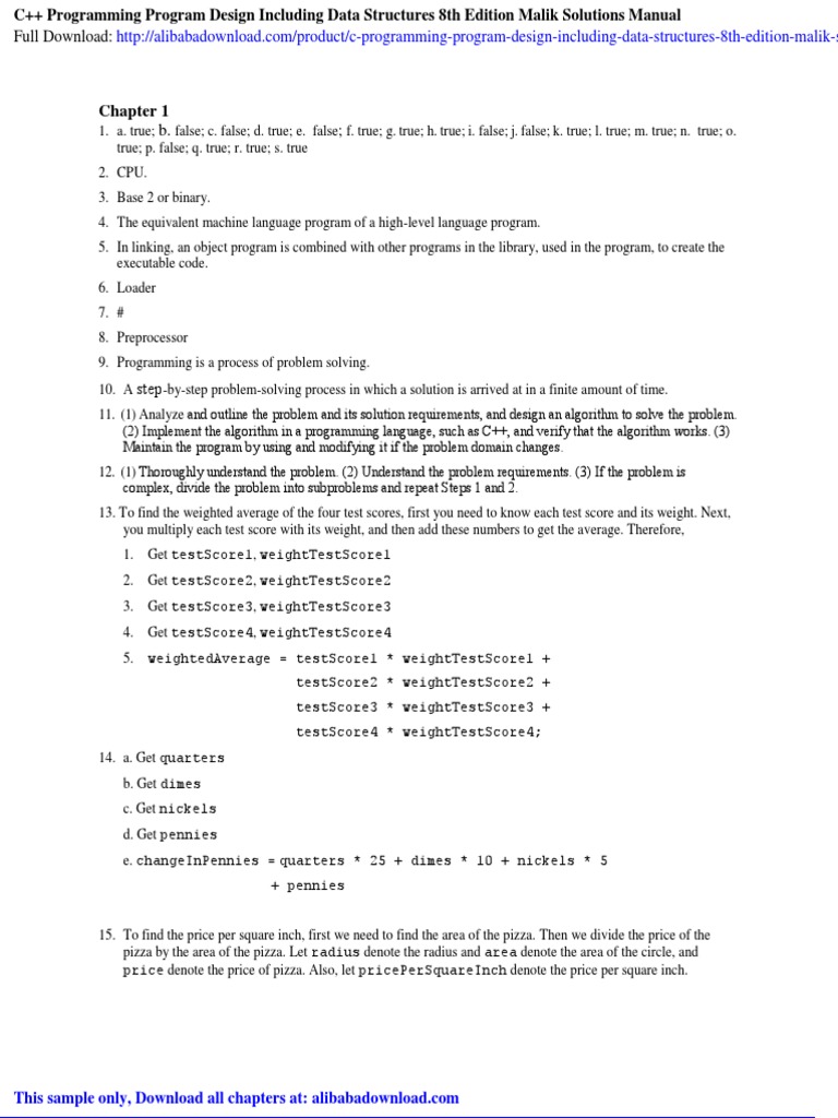 C++ Programming Program Design Including Data Structures 8th Edition Malik Solutions Manual | PDF