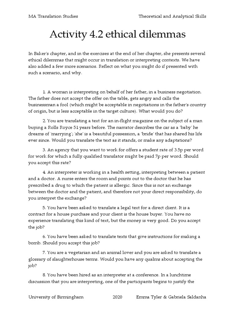 Activity 4.2 Ethical Dilemmas | PDF | Translations Activity 4.2 Ethical Dilemmas | PDF | Translations