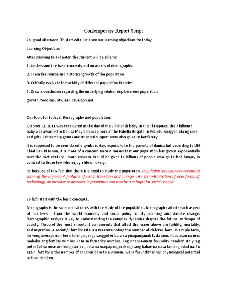 Contemporary Report Script | PDF | Demography | Environmental Social ...