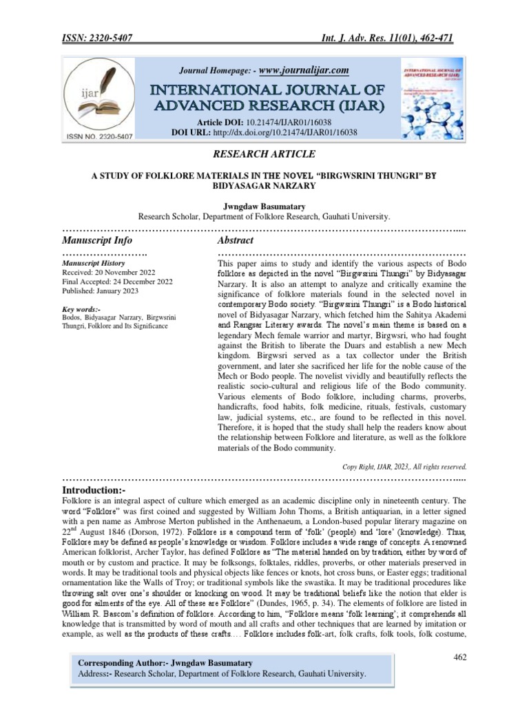 A Study of Folklore Materials in The Novel Birgwsrini Thungri by ...