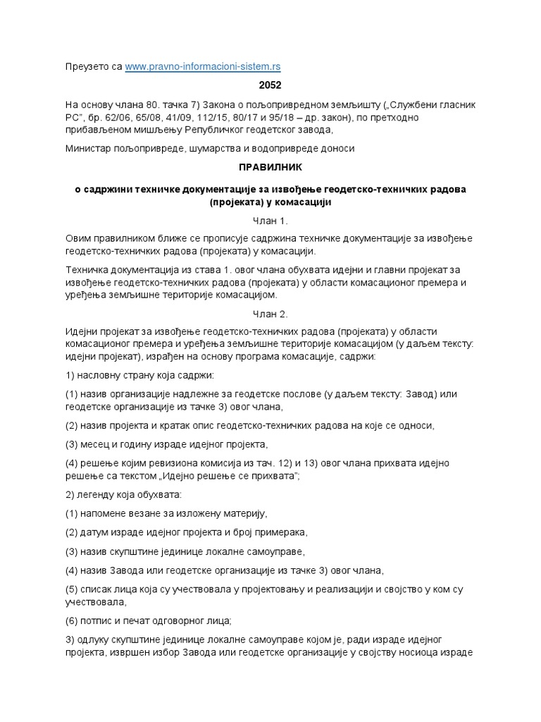 Pravilnik o Sadrzini Tehnicke Dokumentacije Za Izvodenje Geodetsko-Tehnickih Radova (Projekata ...