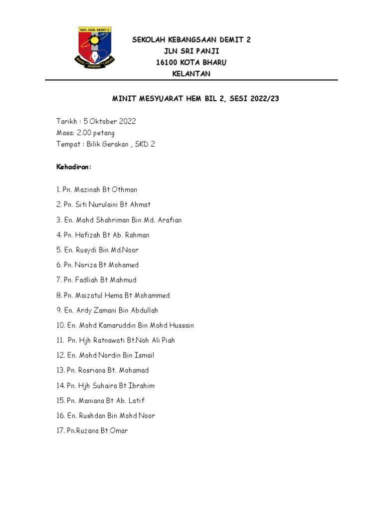 Minit Mesyuarat Hem Bil 2 | PDF