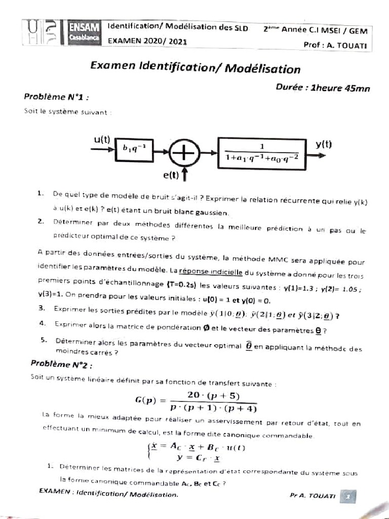Examen 2020-2021 D'identification Et Modélisation | PDF | Algorithmes | Mathématiques appliqués