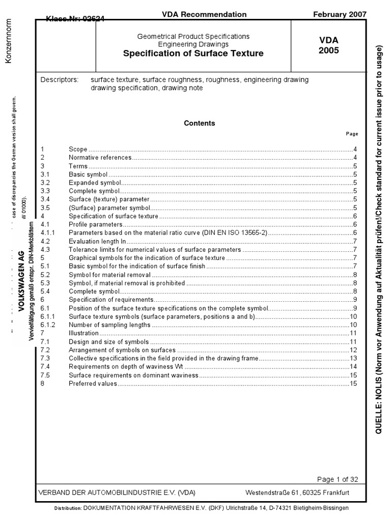 Specification of Surface Texture VDA 2005: Klass - NR: 02624 | PDF | Surface Roughness ...