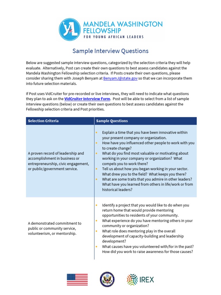 Sample Interview Questions - FINAL | PDF | Mentorship | Leadership Sample Interview Questions - FINAL | PDF | Mentorship | Leadership