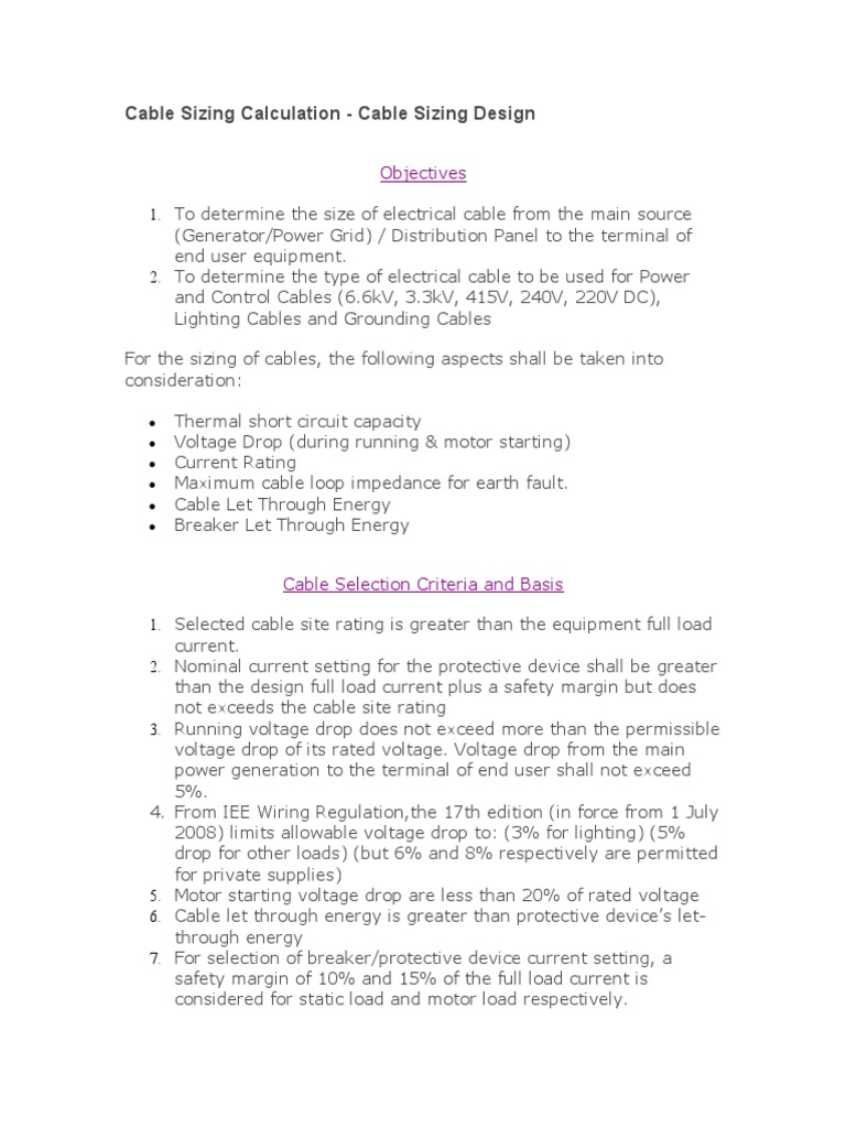 Cable Sizing Calculation | PDF | Electric Motor | Mains Electricity