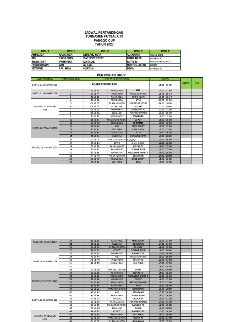 Jadwal Futsal Panggu U13 2023 | PDF