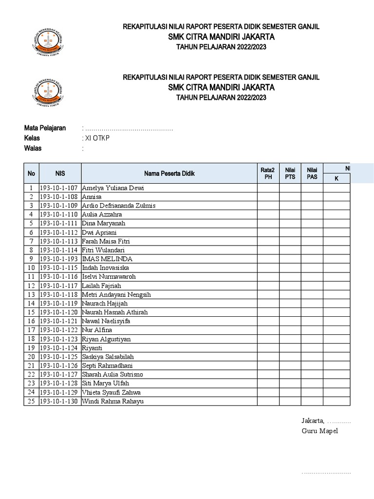 Form Nilai Pas Ganjil DDG | PDF