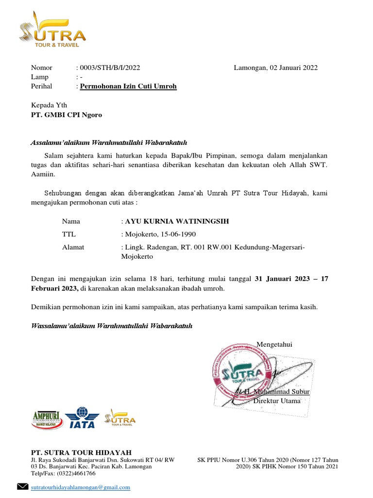 Permohonan Cuti Umroh PT Sutra Tour | PDF