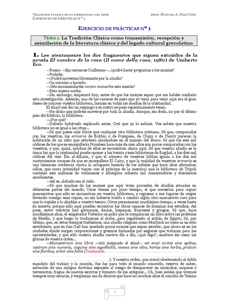 Tema - 1.practica - 1. U. Eco, El Nombre de La Rosa, Dos Fragmentos | PDF