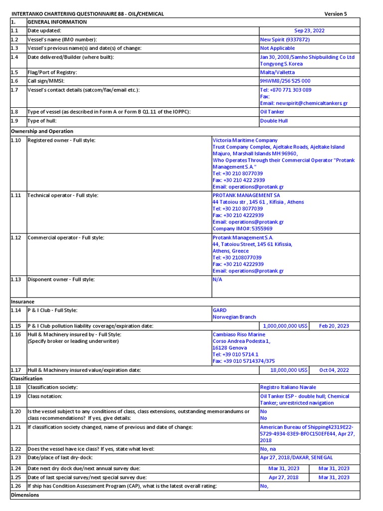 INTERCARGO Q88 Questionnaire for New Spirit | PDF | Tonnage | Ships