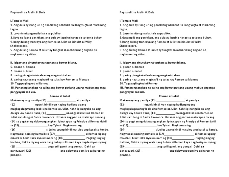 Pagsusulit Sa Aralin 6 | PDF