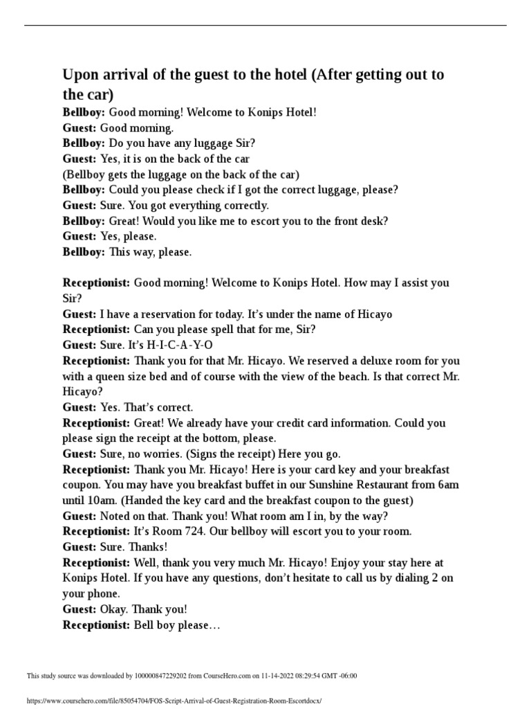 FOS Script Arrival of Guest Registration Room Escort | PDF | Home & Garden