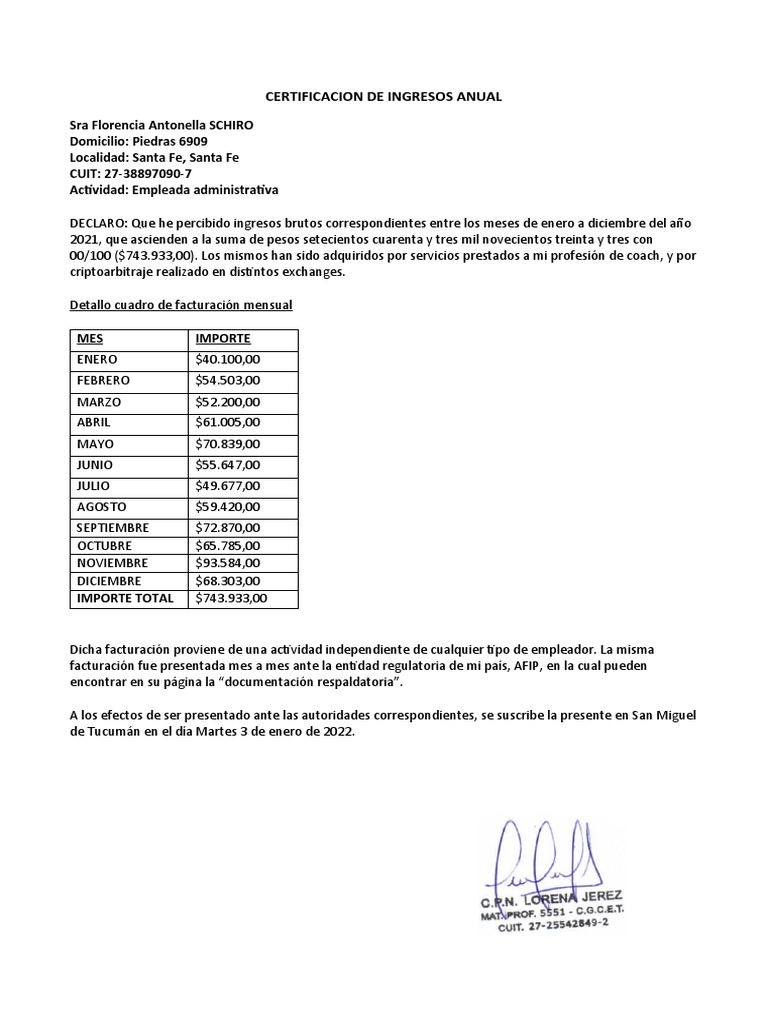 Certificacion de Ingresos Anual | PDF | Contador