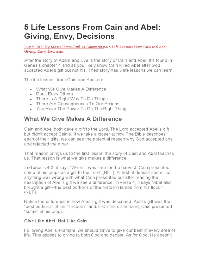 5 Powerful Lessons in The Life of Cain and Abel 1 | PDF | Cain And Abel ...