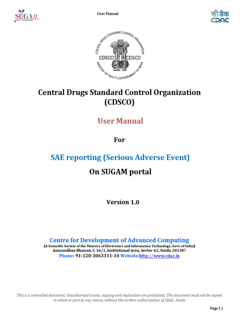 SAE Reporting User Manual for SUGAM | PDF