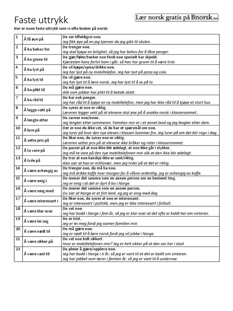 FASTE UTTRYKK 22 Faste Uttrykk Med Oppgaver Bnorsk No | PDF