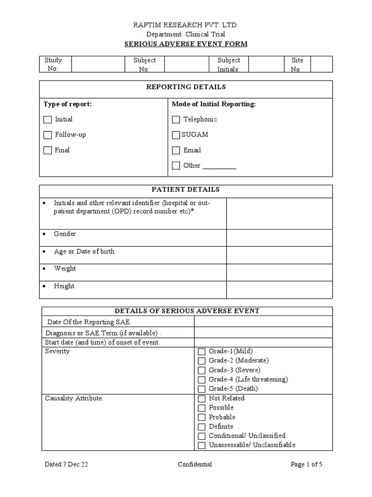 Serious Adverse Event Reporting Form | PDF | Chemistry | Dose ...