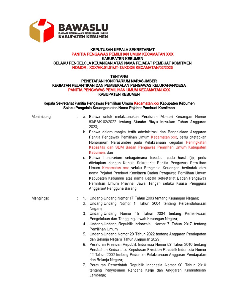 SK Penetapan Honor Narsum | PDF