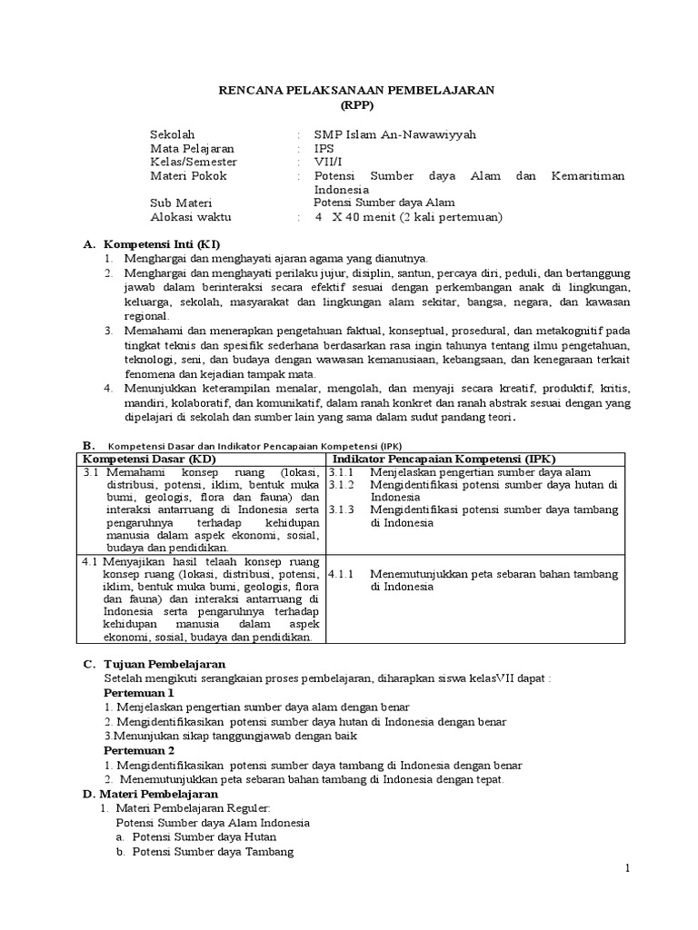 3 RPP Sub Materi Sumber Daya Alam | PDF