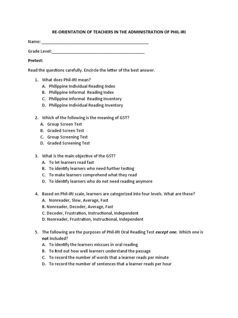 Qa Pretest Phil Iri Pdf