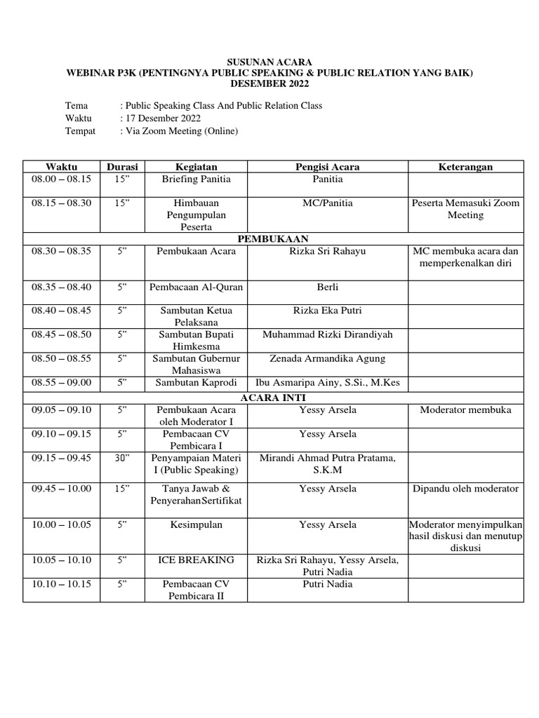 Rundown Public Speaking Class and Public Relation 2022 | PDF