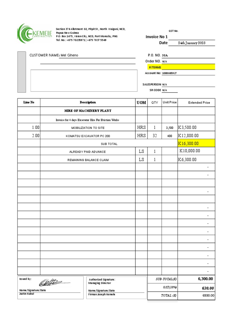 Invoice For Excavation Hire - 4 Days Eviction Works | PDF | Accounting ...