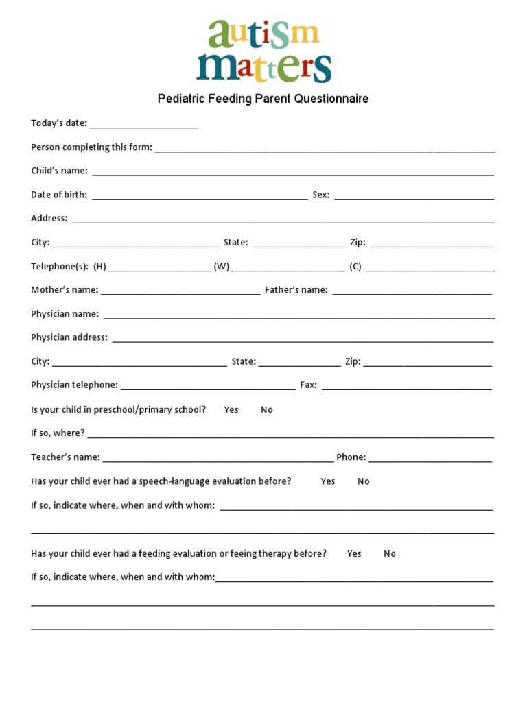 Autism Matters Pediatric Feeding Parent Questionnaire | PDF | Autism ...