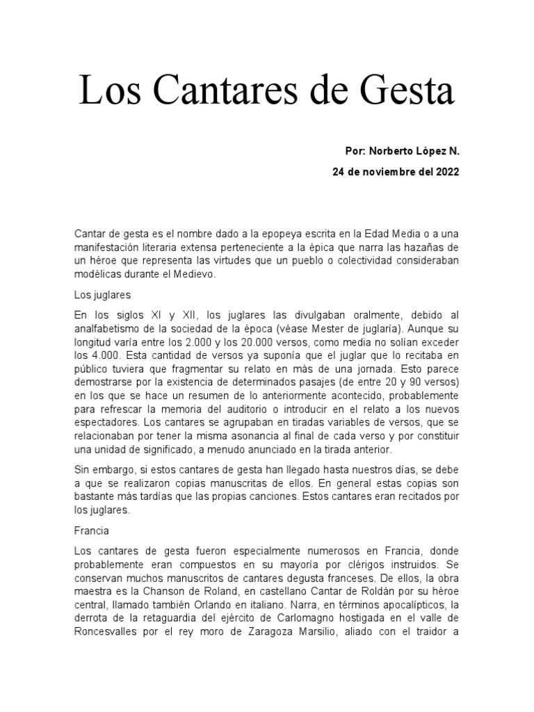 "Cantares de Gesta: Épica Medieval" | PDF