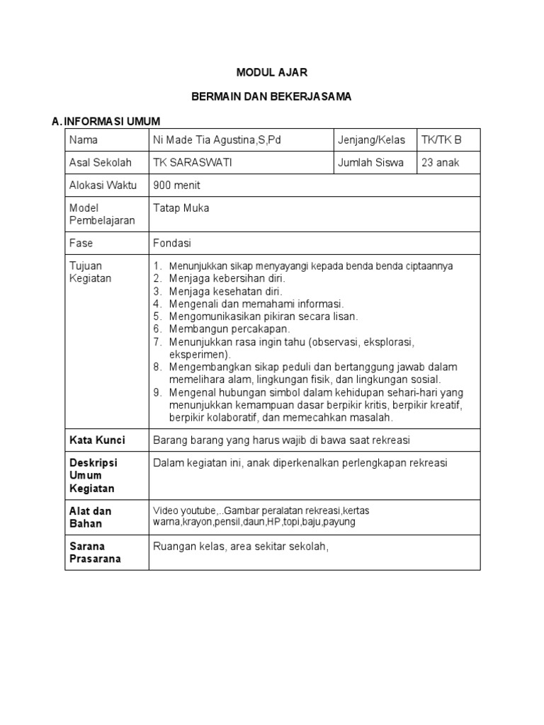MODUL AJAR Peralatan Rekreasi | PDF
