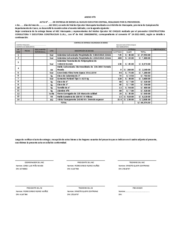 ANEXO N°8 - Acta de Entrega de FERRETERIA ERI | PDF