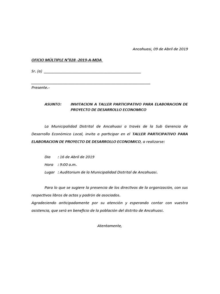 Oficio INVITACION Curso Taller | PDF