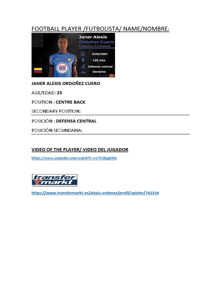 Football Player Janer Alexis Ordoñez Cuero | PDF