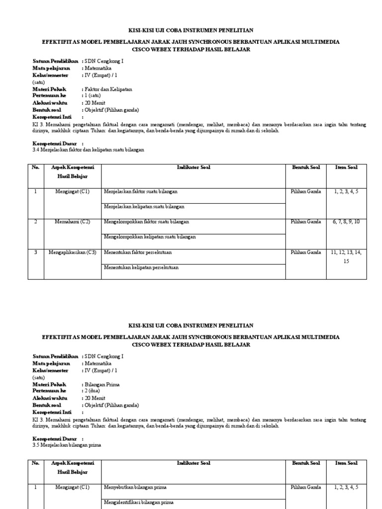 Kisi Kisi Instrumen Penelitian | PDF