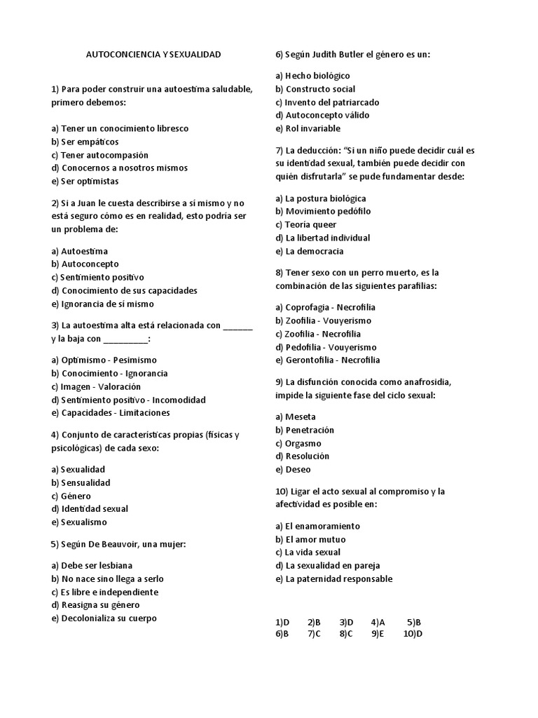 Preguntas SEXUALIDAD | PDF | La sexualidad humana | Autoestima