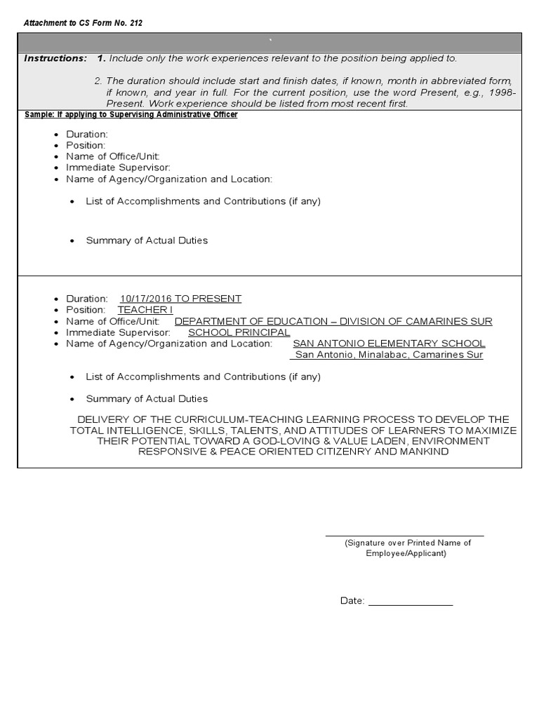Relevant Work Experience and Accomplishments for Teacher I Position | PDF