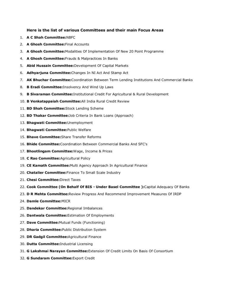 List of Various Committees | PDF | Reserve Bank Of India | Banks
