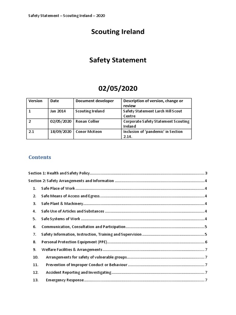Scouting Ireland Safety Statement | PDF | Occupational Safety And ...